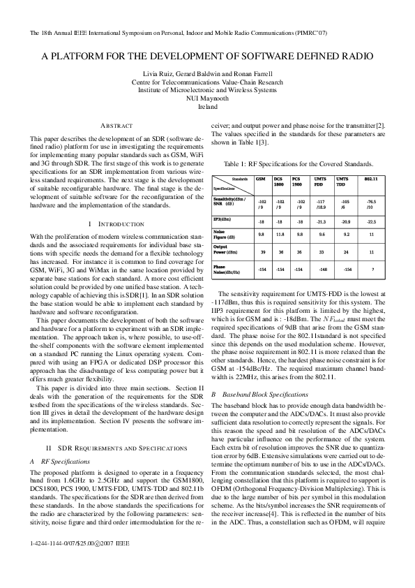 (PDF) A Platform for the Development of Software Defined Radio | Livia Ruiz - Academia.edu