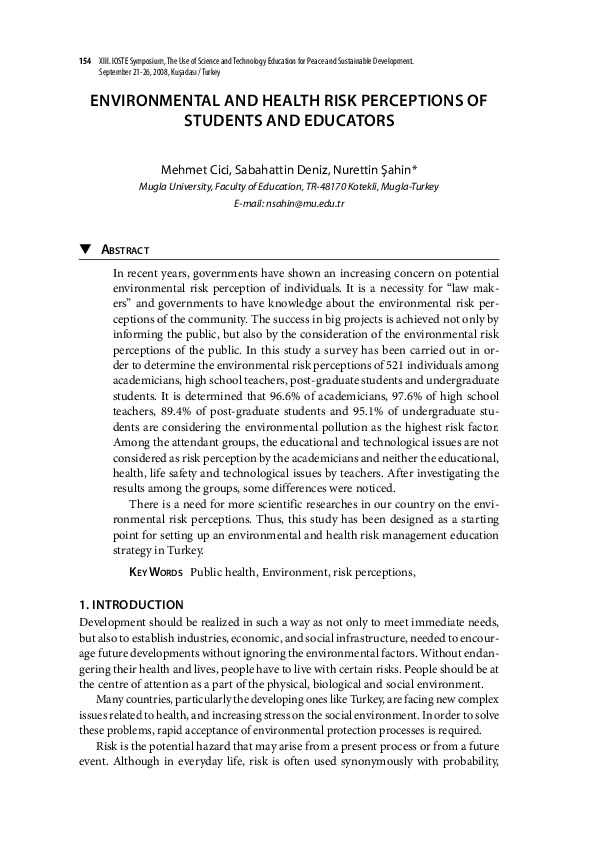 (PDF) Environmental and Health Risk Perceptions of Students and Educators