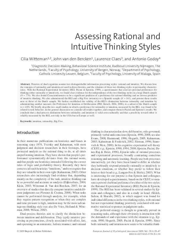 (PDF) Assessing Rational and Intuitive Thinking Styles