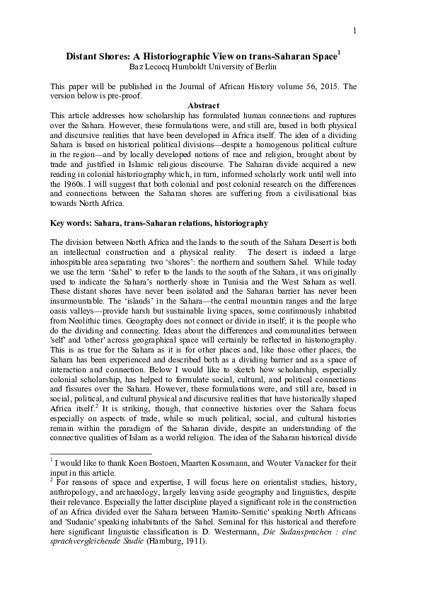 (PDF) 2015. "Distant Shores: a Historiographic View on Trans-Saharan ...