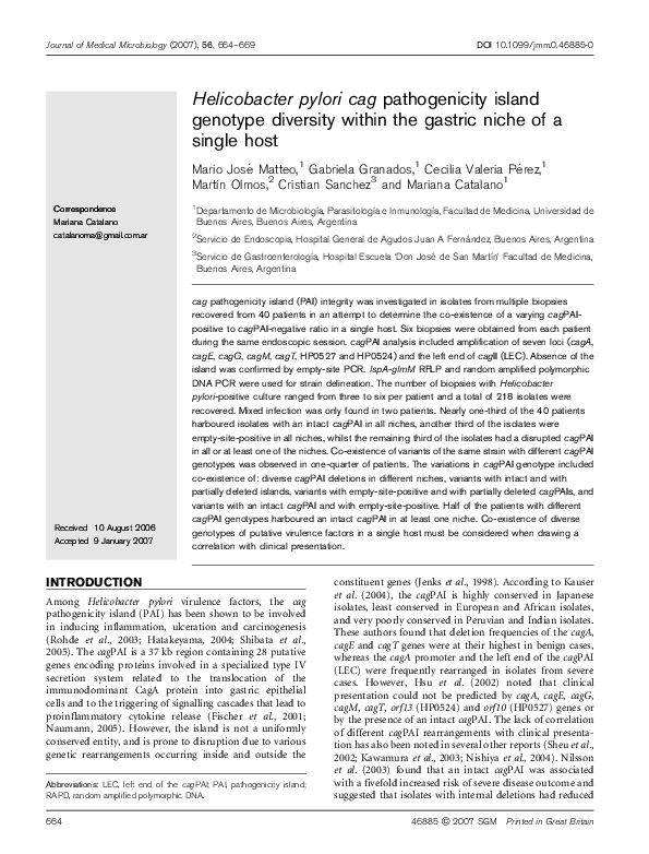 (PDF) Helicobacter pylori cag pathogenicity island genotype diversity ...