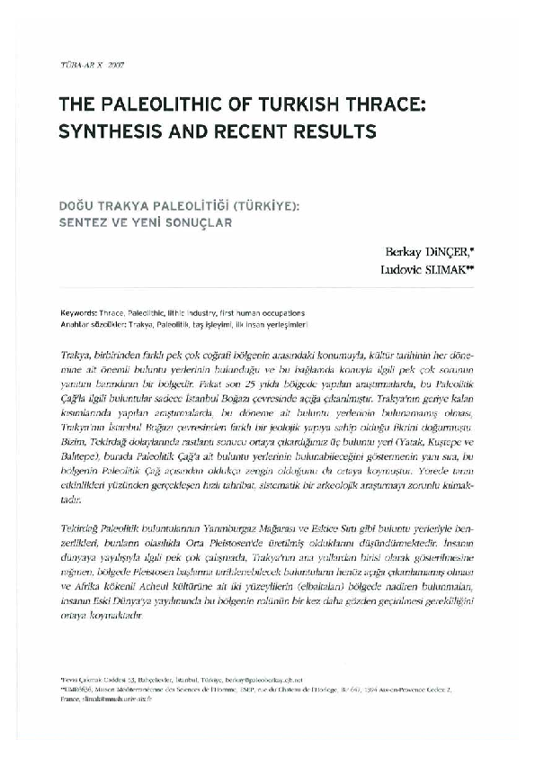 (PDF) The Paleolithic of Turkish Thrace: Synthesis and Recent Results
