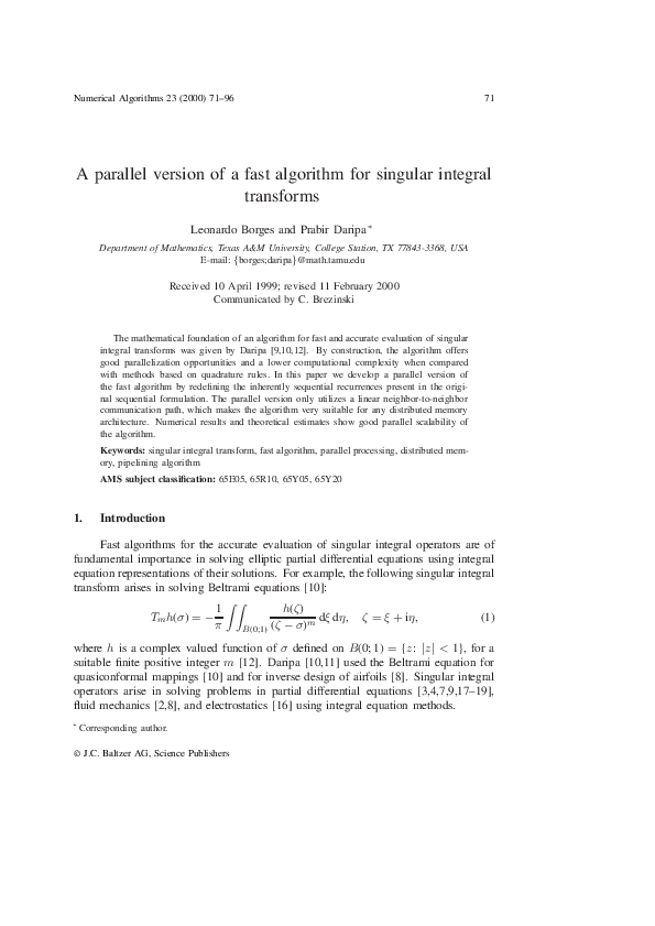 (PDF) A parallel version of a fast algorithm for singular integral transforms