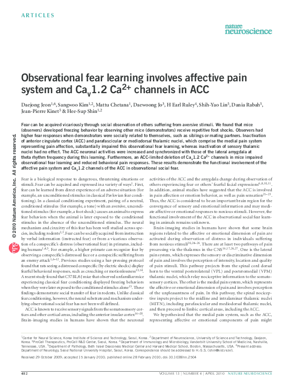 (PDF) Observational fear learning involves affective pain system and ...