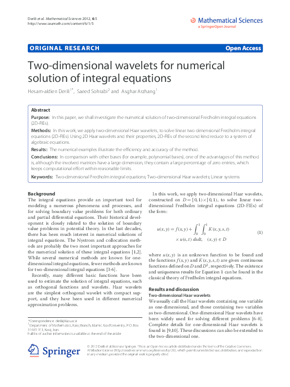 Pdf Two Dimensional Wavelets For Numerical Solution Of Integral Equations 庆全 智