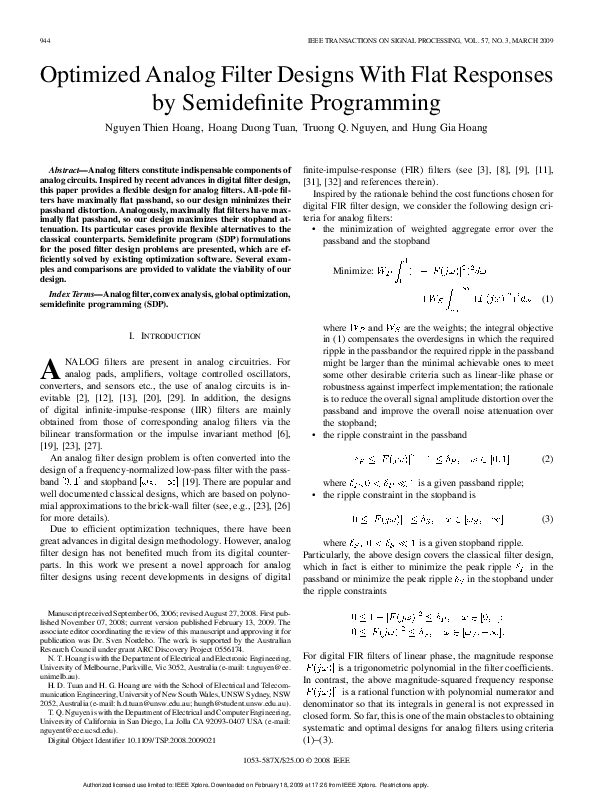 Pdf Optimized Analog Filter Designs With Flat Responses By Semidefinite Programming