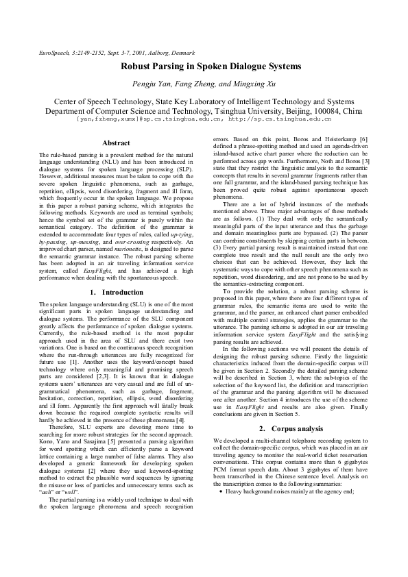 (PDF) Robust parsing in spoken dialogue systems