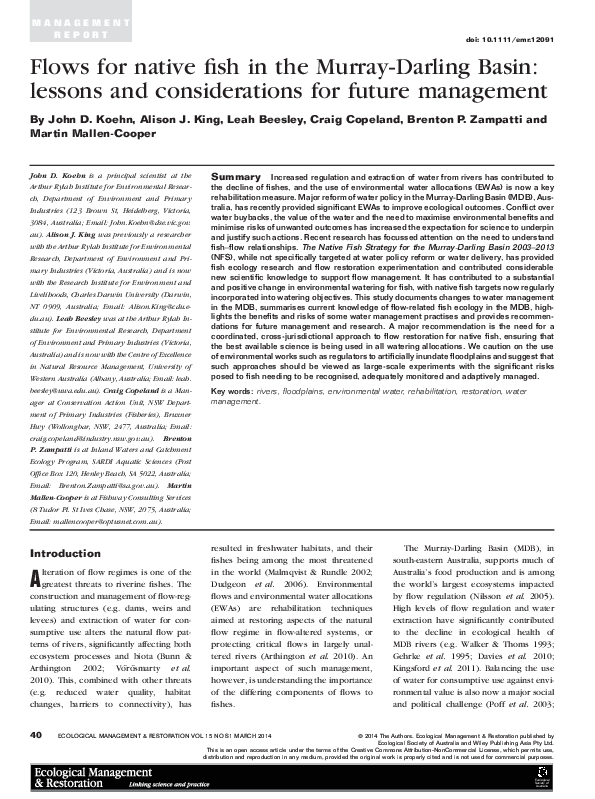 (PDF) Flows for native fish in the Murray-Darling Basin: lessons and ...