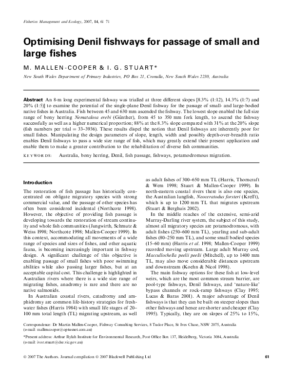 (PDF) Optimising Denil fishways for passage of small and large fishes