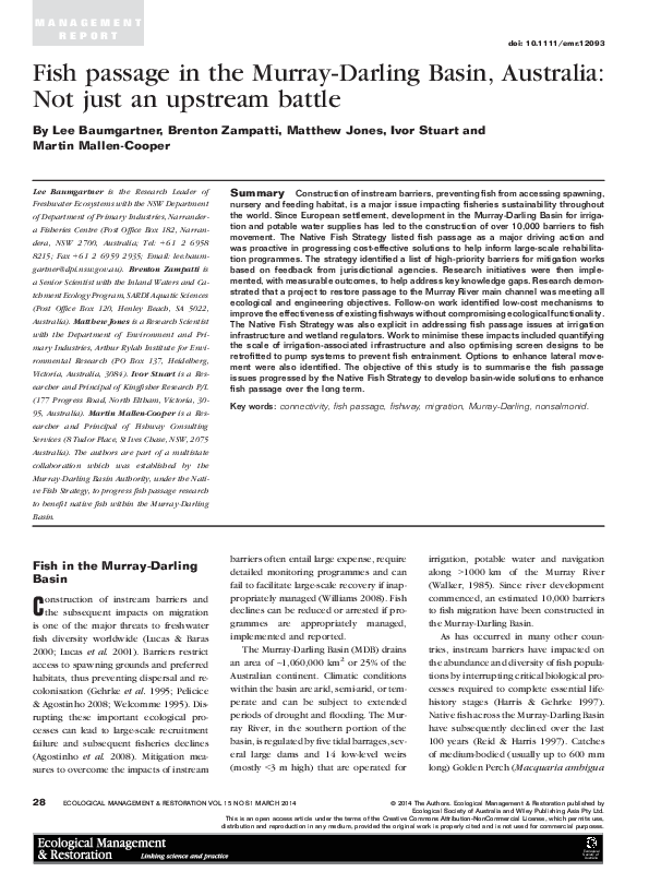 (PDF) Fish passage in the Murray-Darling Basin, Australia: Not just an ...