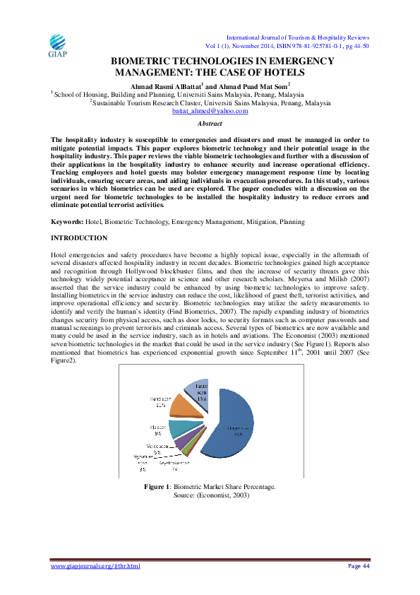 (PDF) BIOMETRIC TECHNOLOGIES IN EMERGENCY MANAGEMENT: THE CASE OF HOTELS