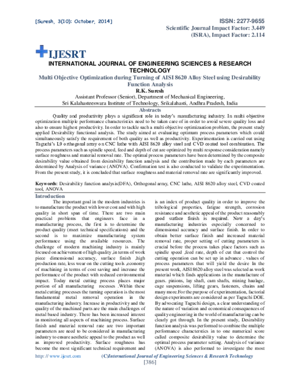 (PDF) Multi Objective Optimization during Turning of AISI 8620 Alloy Steel using Desirability ...