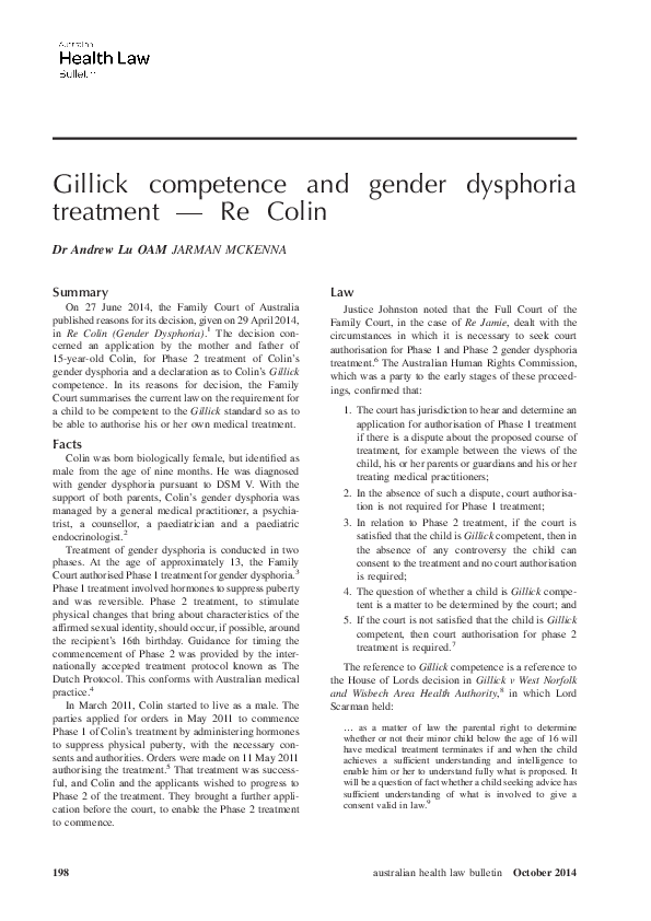(PDF) Gillick competence and gender dysphoria treatment - Re Colin