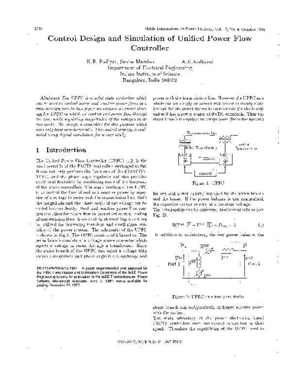 Pdf Control Design And Simulation Of Unified Power Flow Controller Power Delivery Ieee