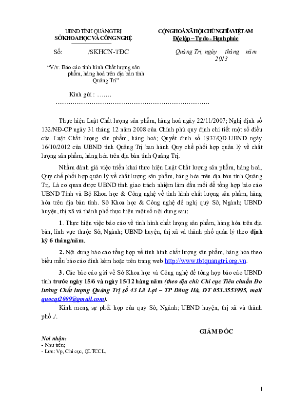 UBND TỈNH QUẢNG TRỊ SỞ KHOA HỌC VÀ CÔNG NGHỆ C NG HOÀ XÃ H I CH NGHĨA VI T AM Đ c l p – T do -H ...
