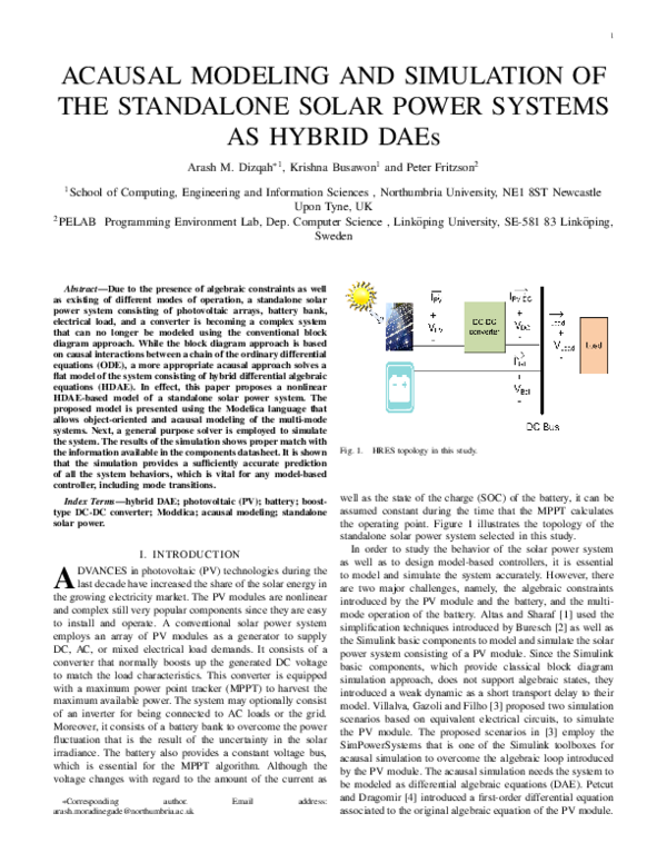 Pdf Acausal Modeling And Simulation Of The Standalone Solar Power Systems As Hybrid Daes