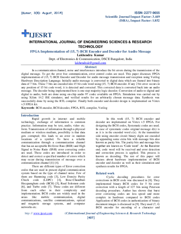 Pdf Fpga Implementation Of 15 7 Bch Encoder And Decoder For Audio Message 