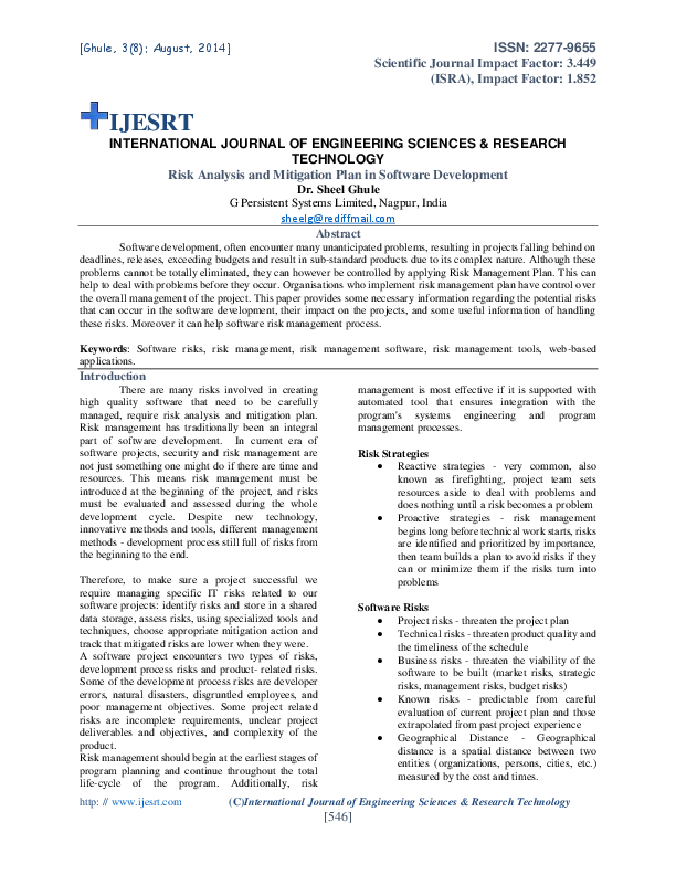 (PDF) Risk Analysis and Mitigation Plan in Software Development
