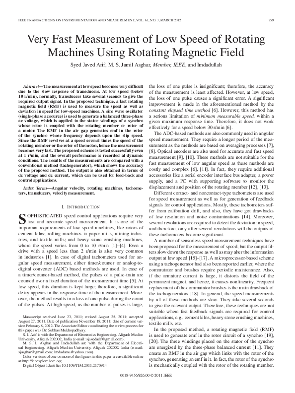 (PDF) Very Fast Measurement of Low Speed of Rotating Machines Using ...