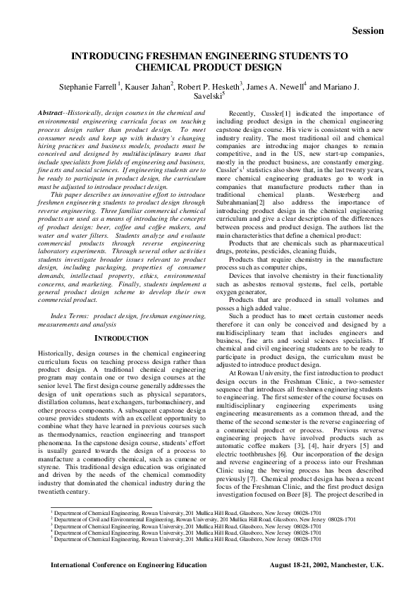 (PDF) INTRODUCING FRESHMAN ENGINEERING STUDENTS TO CHEMICAL PRODUCT DESIGN