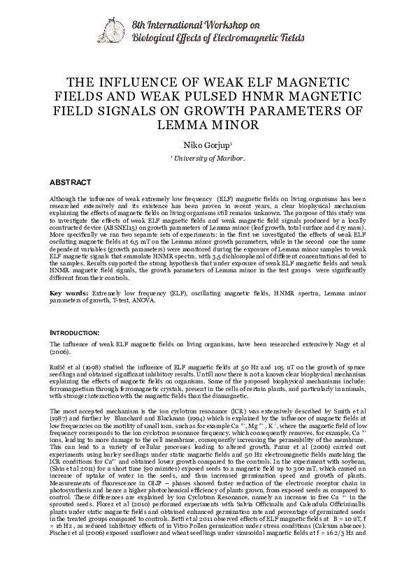 (DOC) THE INFLUENCE OF WEAK ELF MAGNETIC FIELDS AND WEAK PULSED HNMR ...