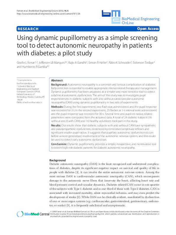 Pdf Using Dynamic Pupillometry As A Simple Screening Tool To Detect Autonomic Neuropathy In