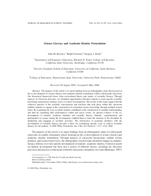 (PDF) Reveles, J., Córdova, R., & Kelly, G. (2004). Science literacy ...