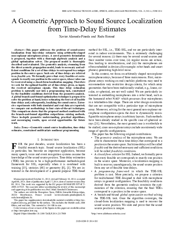 Pdf A Geometric Approach To Sound Source Localization From Time Delay