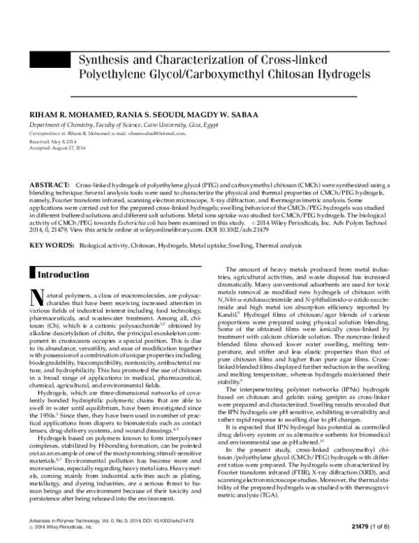 (PDF) Synthesis and Characterization of Cross-linked Polyethylene Glycol/Carboxymethyl Chitosan ...