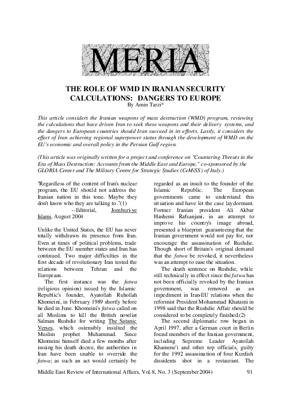 (PDF) THE ROLE OF WMD IN IRANIAN SECURITY CALCULATIONS: DANGERS TO EUROPE