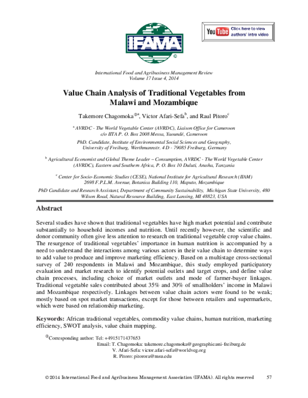 (PDF) Value Chain Analysis of Traditional Vegetables from Malawi and Mozambique.