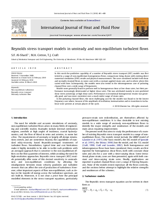 (PDF) Reynolds stress transport models in unsteady and non-equilibrium ...