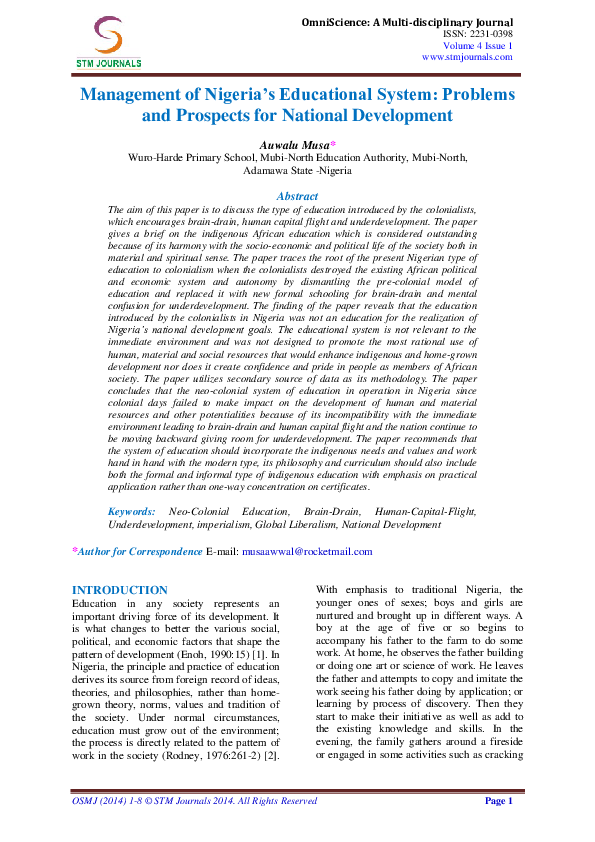 Management of Nigeria’s Educational System: Problems and Prospects for ...