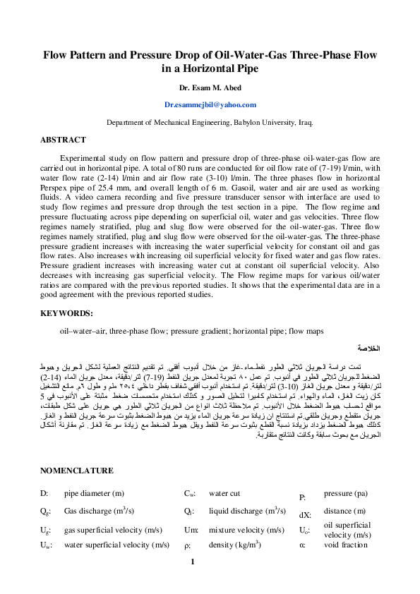 (PDF) Flow Pattern and Pressure Drop of Oil-Water-Gas Three-Phase Flow in a Horizontal Pipe