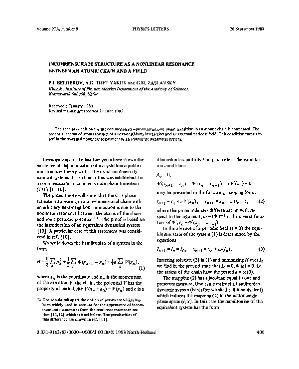 Pdf Incommensurate Structure As A Nonlinear Resonance Between An Atomic Chain And A Field