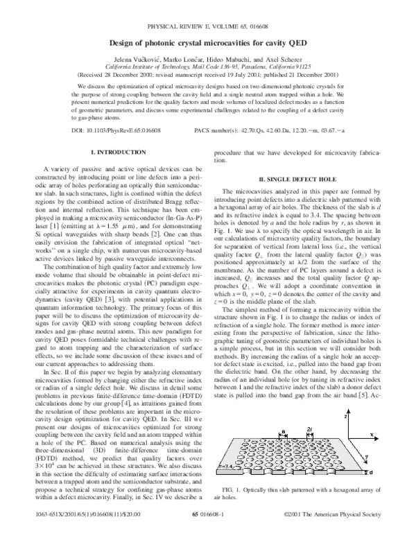 (PDF) Design of photonic crystal microcavities for cavity QED
