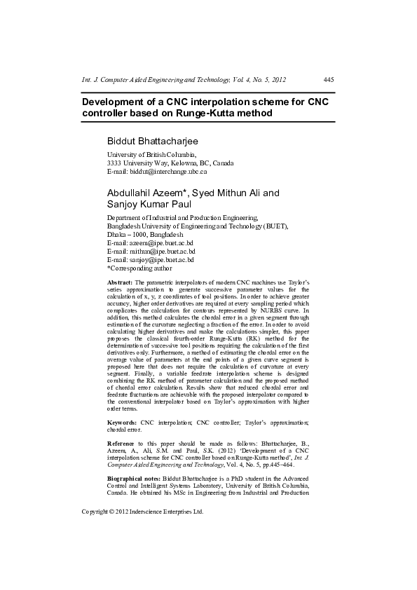 Pdf Development Of A Cnc Interpolation Scheme For Cnc Controller Based On Runge Kutta Method