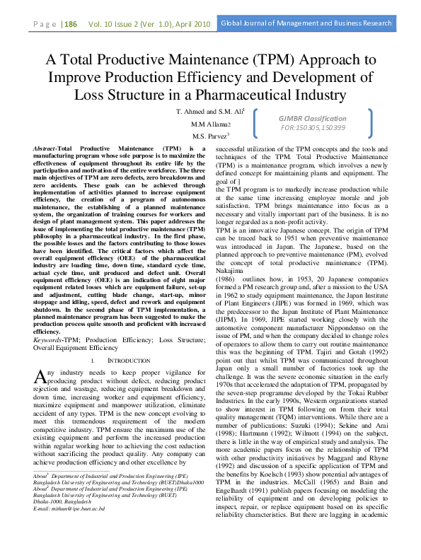 (PDF) A Total Productive Maintenance (TPM) Approach to Improve Production Efficiency and ...