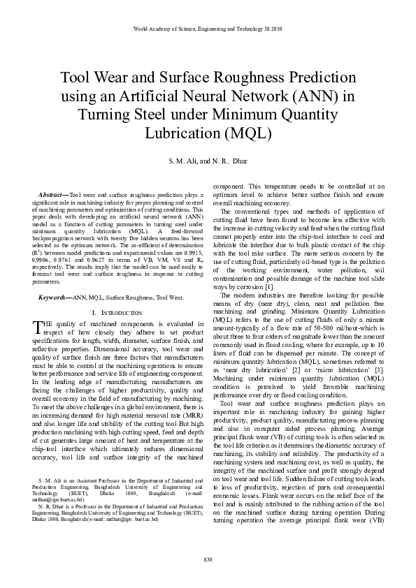 Pdf Tool Wear And Surface Roughness Prediction Using An Artificial Neural Network Ann In