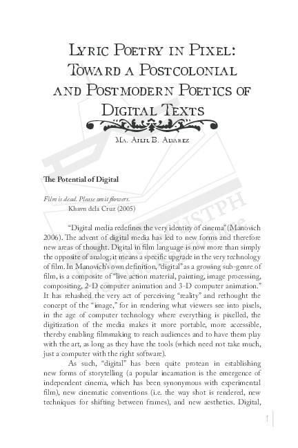 (PDF) Lyric Poetry in Pixel: Toward a Postcolonial and Postmodern ...