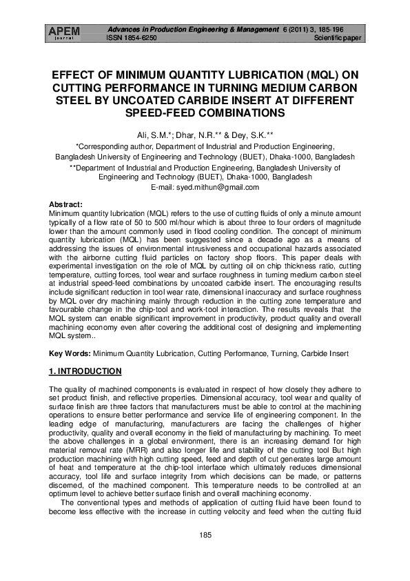Pdf Effect Of Minimum Quantity Lubrication Mql On Cutting Performance In Turning Medium