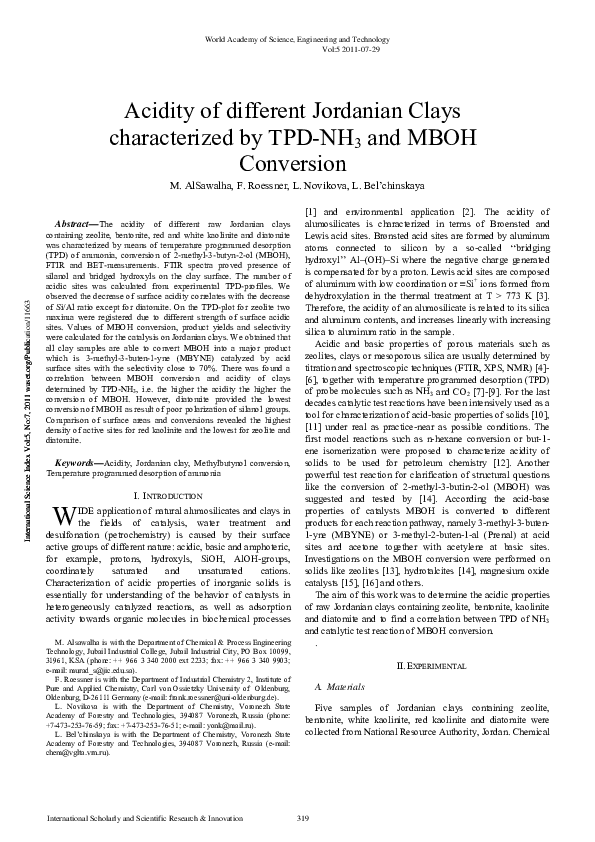(PDF) Acidity of different Jordanian Clays characterized by TPD-NH3 and MBOH Conversion