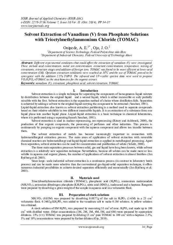 (PDF) Solvent Extraction of Vanadium (V) from Phosphate Solutions with ...
