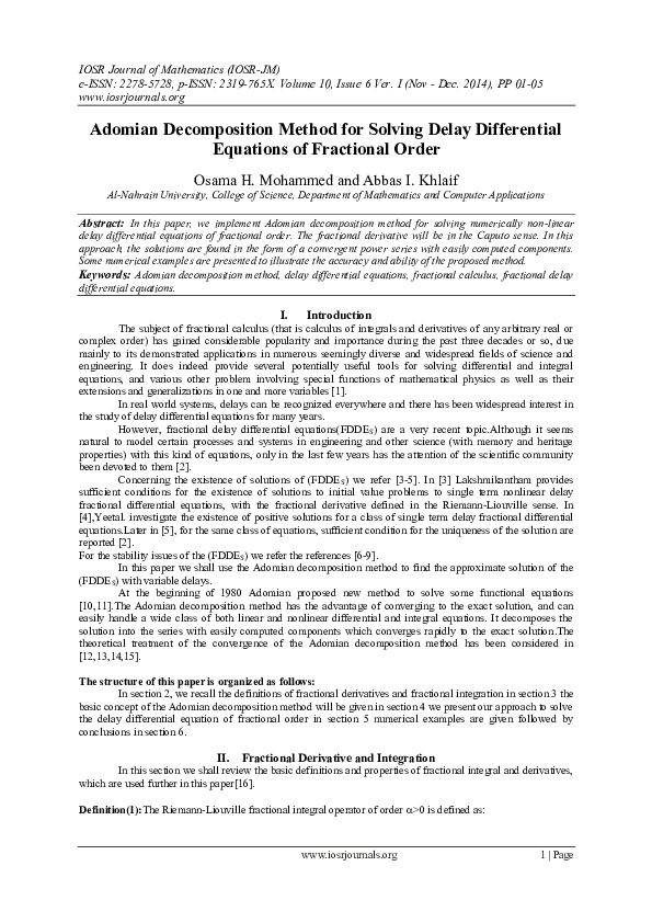 Pdf Adomian Decomposition Method For Solving Delay Differential