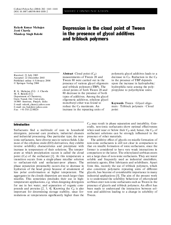 (PDF) Depression in the cloud point of Tween in the presence of glycol ...