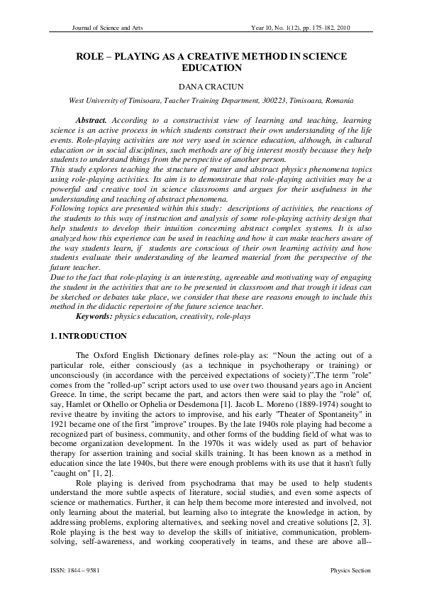 (PDF) Role-Playing as a creative method in science education