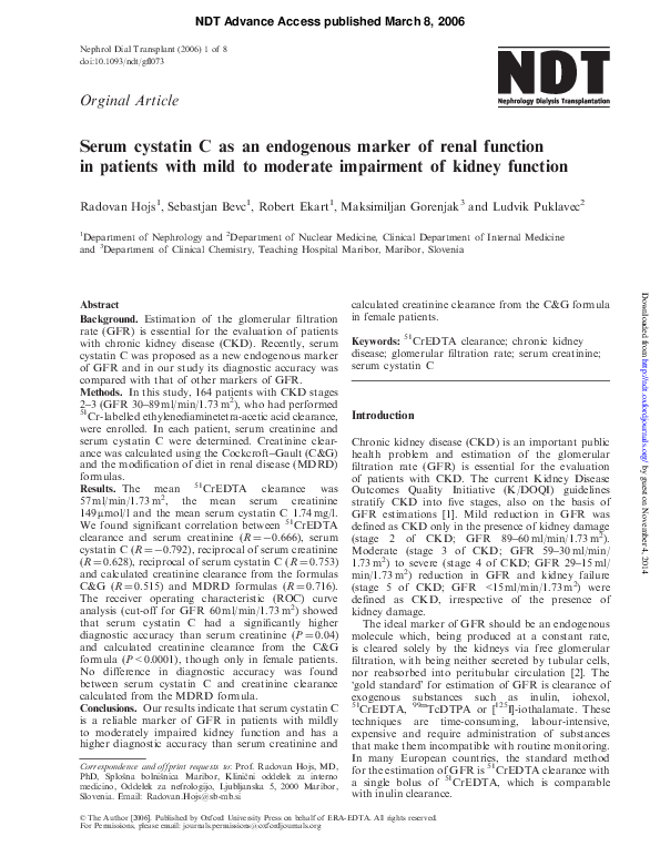 (PDF) Serum cystatin C as an endogenous marker of renal function in ...