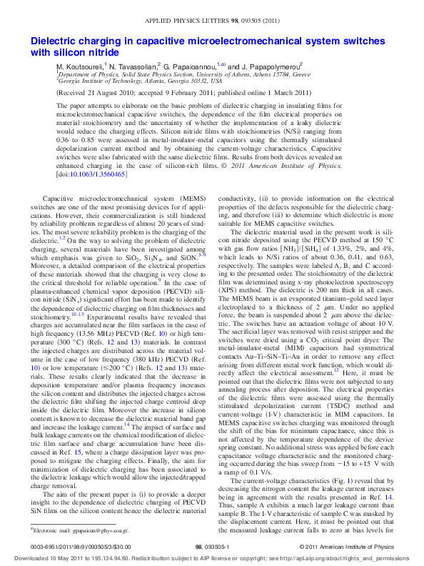 (PDF) Dielectric charging in capacitive microelectromechanical system switches with silicon nitride