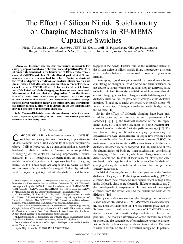(PDF) The effect of silicon nitride stoichiometry on charging mechanisms in RF-MEMS capacitive ...