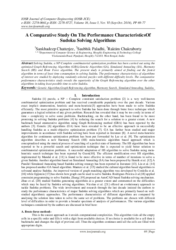 (PDF) A Comparative Study On The Performance CharacteristicsOf Sudoku Solving Algorithms ...